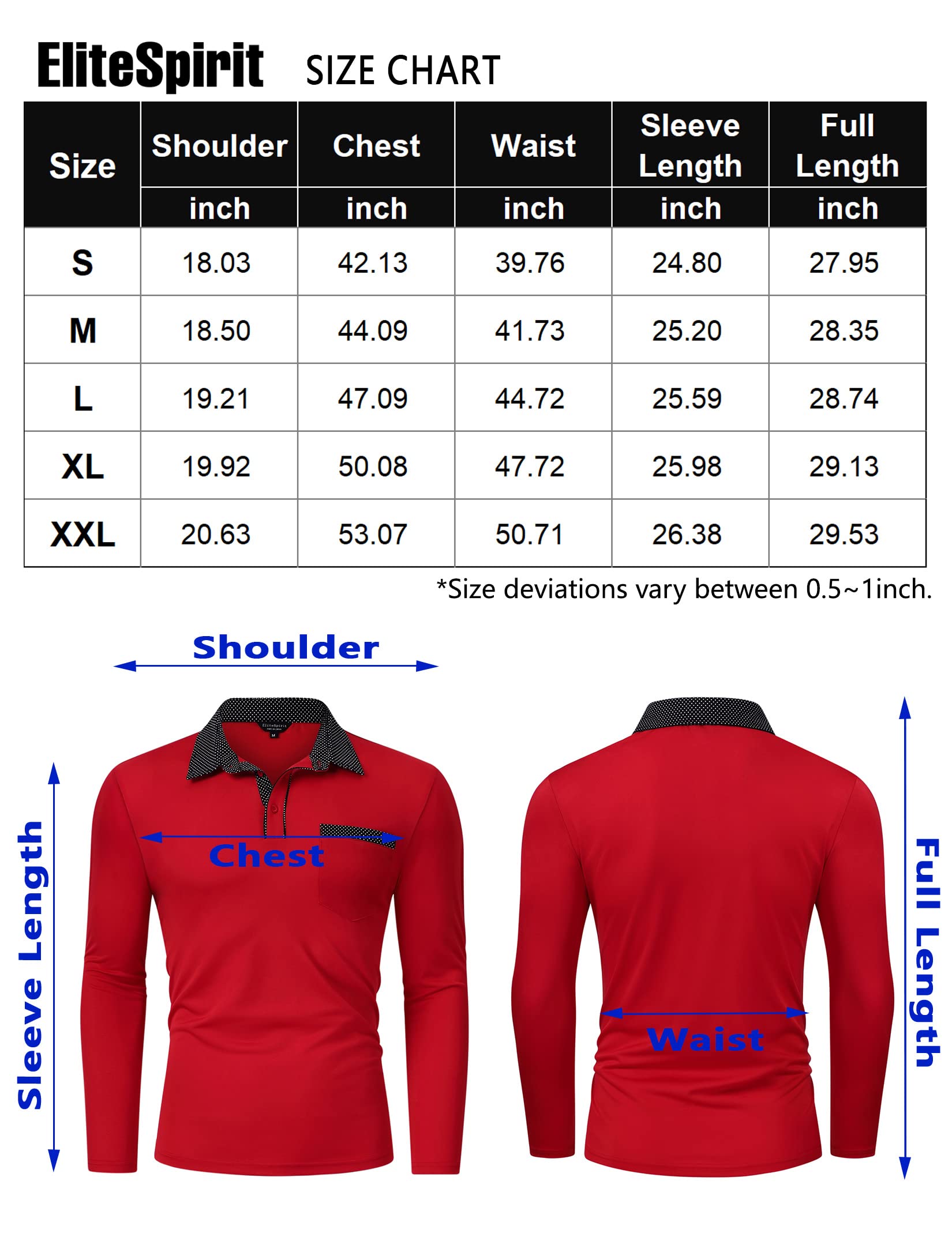 EliteSpirit Mens Long Sleeve Polo Shirts Casual Polka Dot Collared Golf Shirt with Pockets Wine Red S