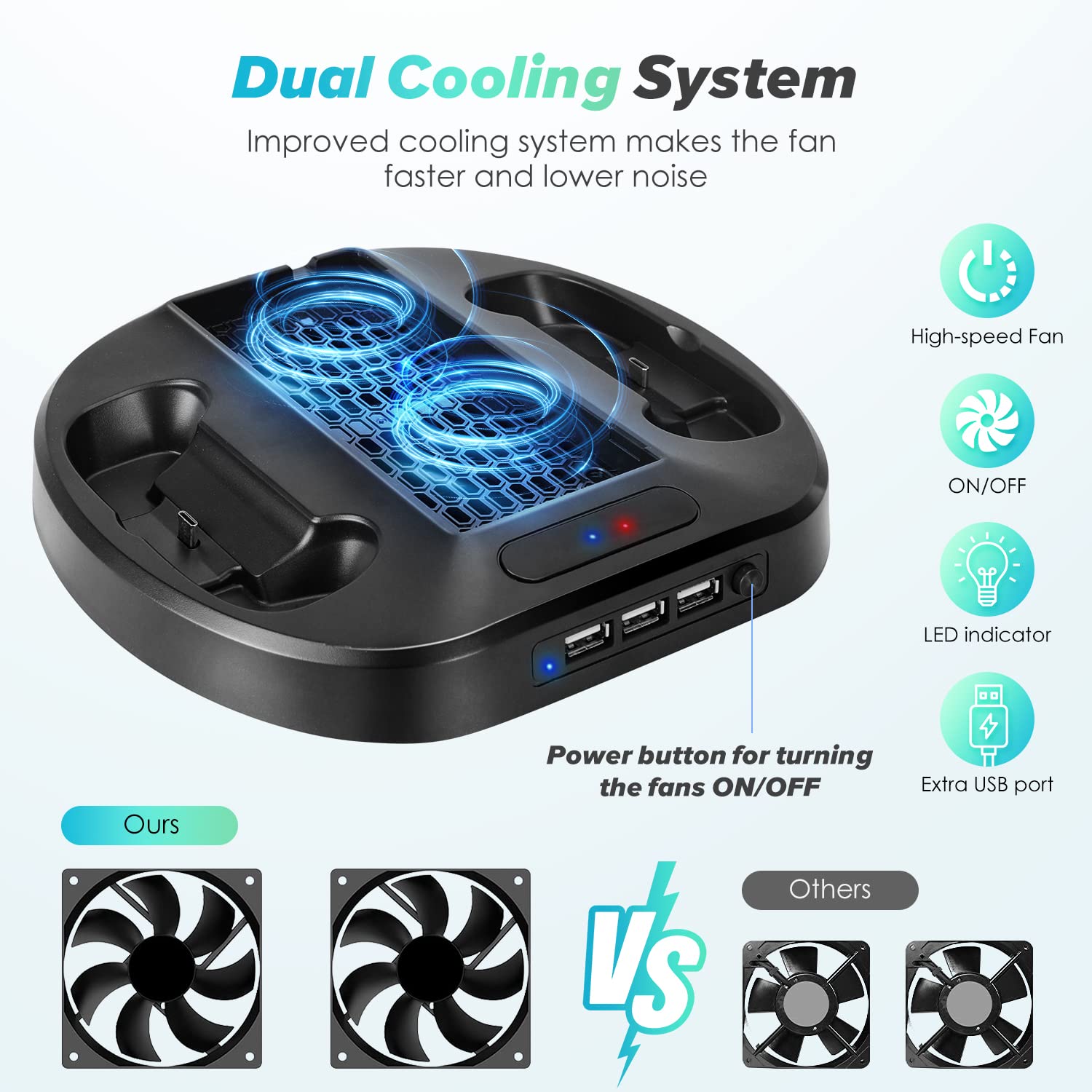 Cooling Stand Compatible with Xbox Series S, Cooling Fan with Dual Controller Charger Ports, Charging Station Dock, LED Indicator, 3 USB Ports, Black