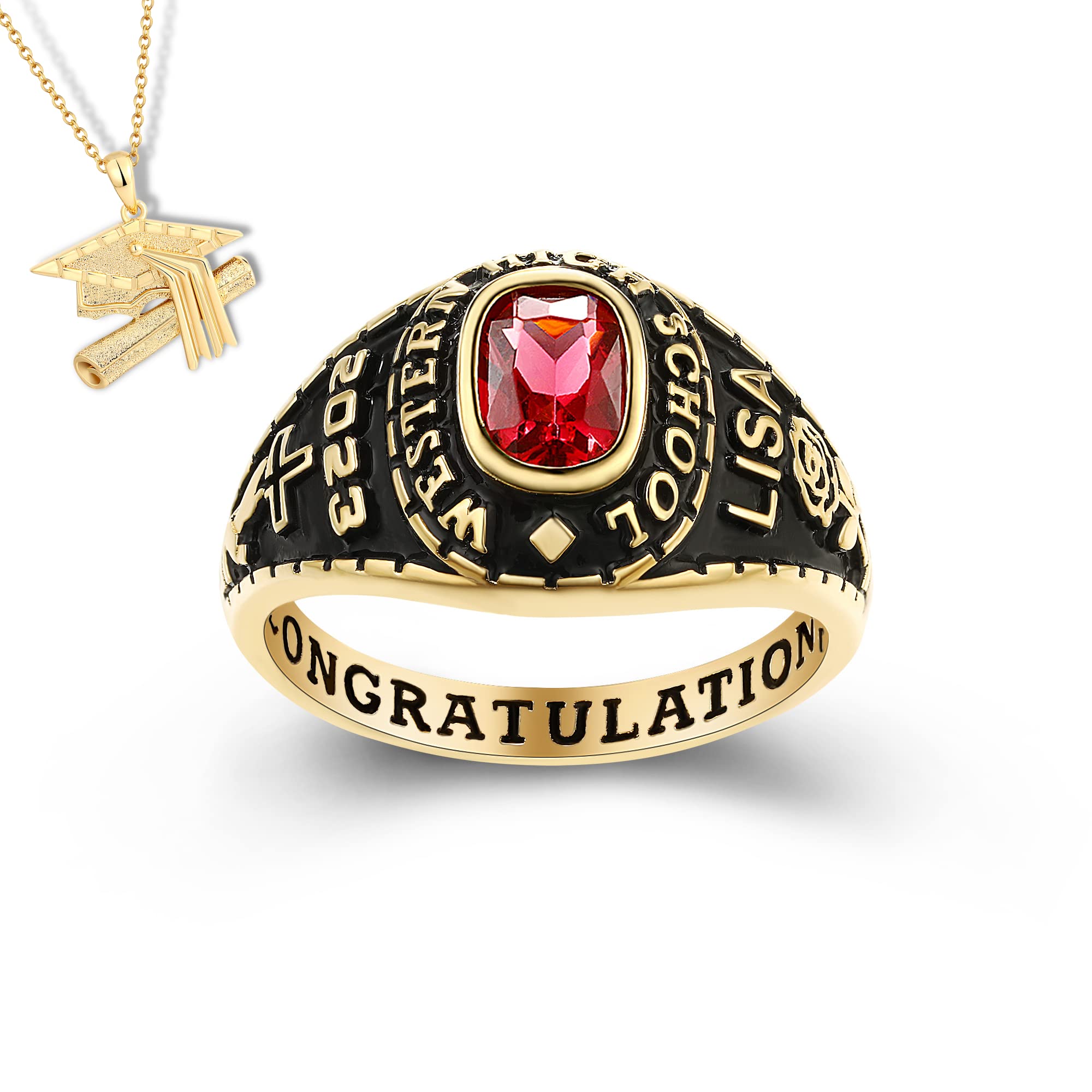 Customized Women’s High School and College Sterling Silver Class Ring – Classic Petite Collection - MEMENTOS JEWELRY (Sterling Silver Gold Plated)