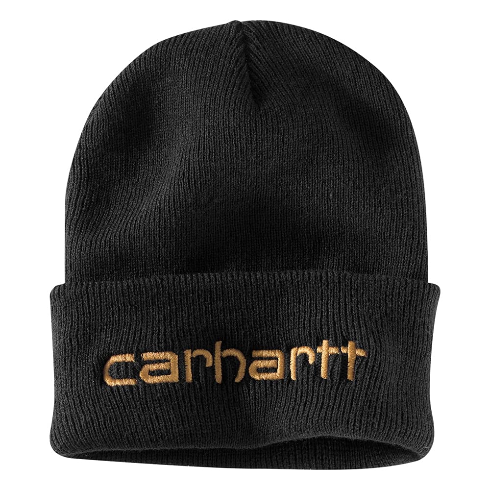 Carhartt Men's Knit Insulated Logo Graphic Cuffed Beanie, Coal Heather/Brite Orange, OFA