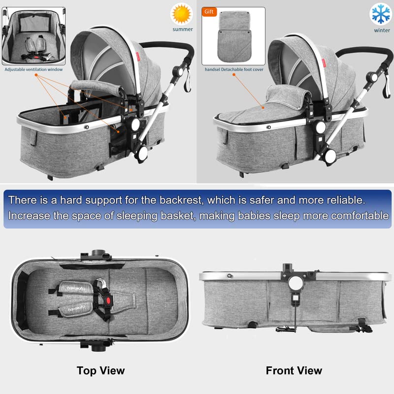 Cynebaby Baby Stroller, Convertible Bassinet Stroller for Newborn Infant Lightweight Pram Strollers with Snack Tray… (Gray)