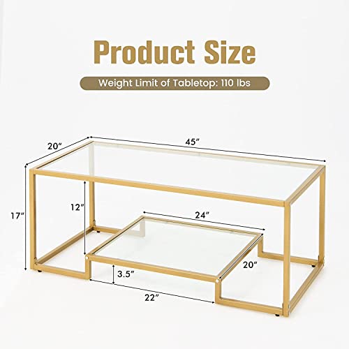 NAFORT Tempered Glass Coffee Table, 45 Inch Gold Rectangular Modern Center Table with Lower Storage Shelf, Sturdy Metal Frame, for Living Room Home Office/Gold