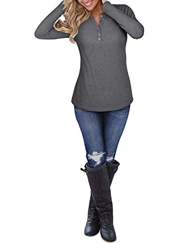 KILIG Women's Basic Long Sleeve Henley Shirts V Neck Button T Shirt Casual Plain Tops Slim Fit for Autumn Winter(D5-Dark Gray,Small)