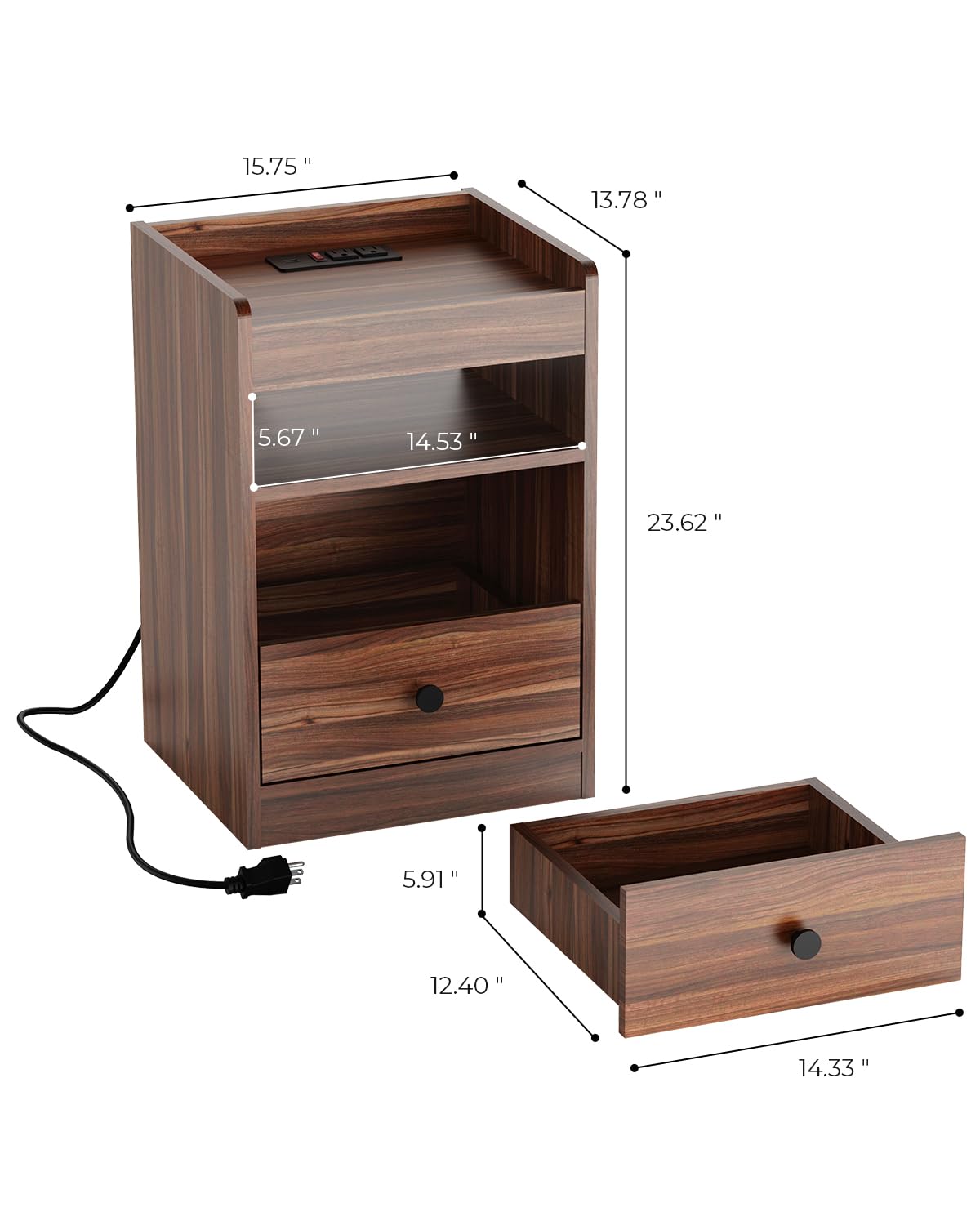 COPIAE Nightstand with Charging Station, Led Bedside Table Walnut Small, Nightstands with 2 Drawers Storage, Wood End Table with USB Ports and Outlets, Side Table for Bedroom Living Room