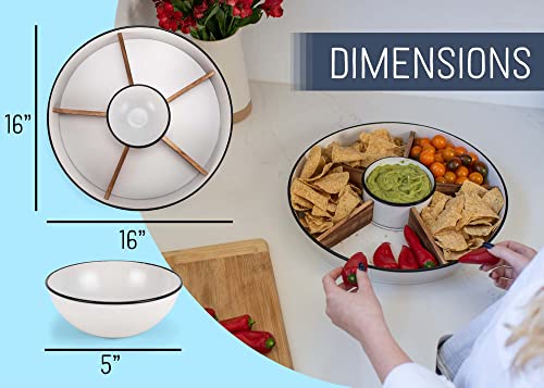 NAT & Jules Wood Partitions Matte White 16 inch Metal Enamel Divided Chip and Dip Tray