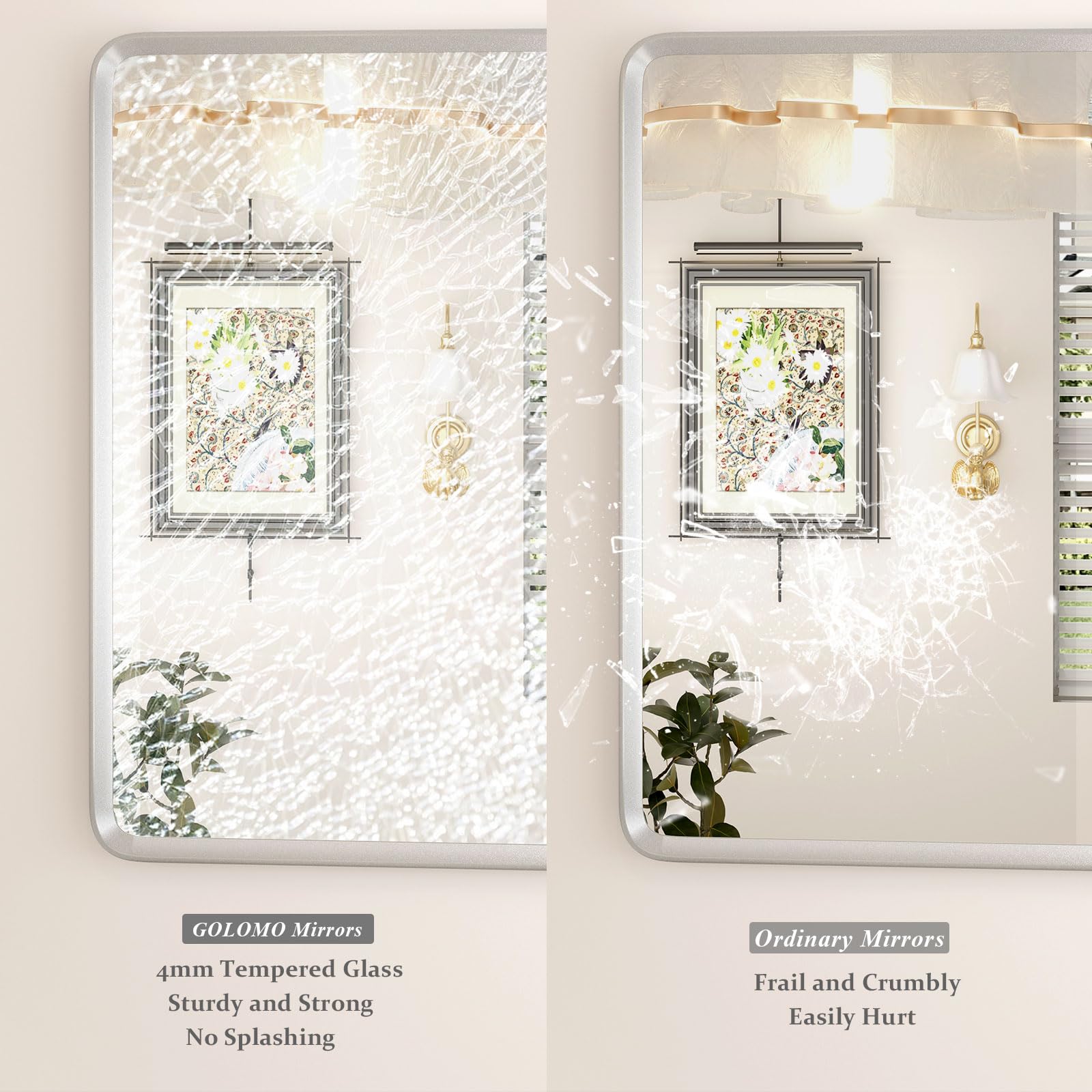 GOLOMO 20x30 Inch Silver Framed Mirror, Silver Bathroom Vanity Mirror for Wall, Brushed Nickel, Rounded Rectangle Mirror, Shatterproof, Anti-Rust (Horizontal/Vertical)