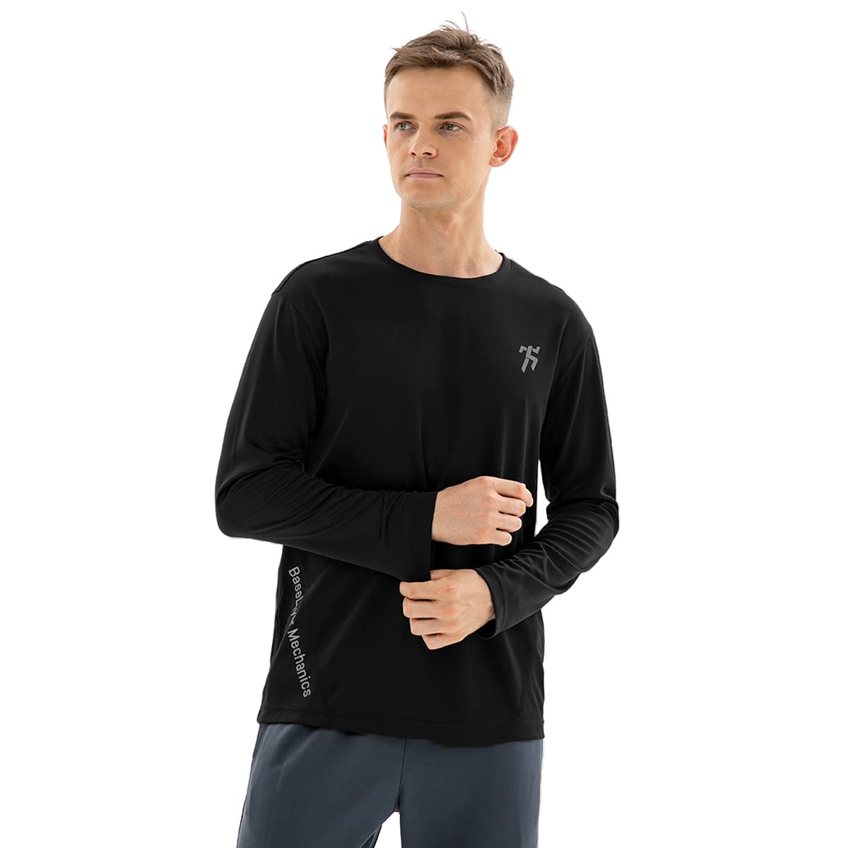 ElsMorr Men's Crew Performance Tech Long-Sleeve T-Shirt Quick Dry Running Lightweight Workout T-Shirts Black