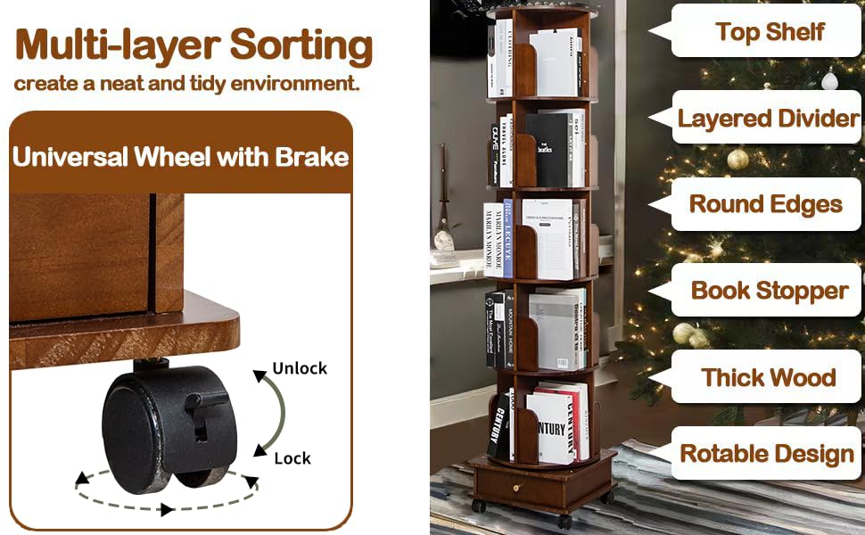 GHBRHBJ Solid Wood Rotating Bookshelf Tower,360 Bookshelf Rotating,Round Bookcase,Narrow Bookshelf with Drawers,Spinning Bookshelf for Home Office, Study Room