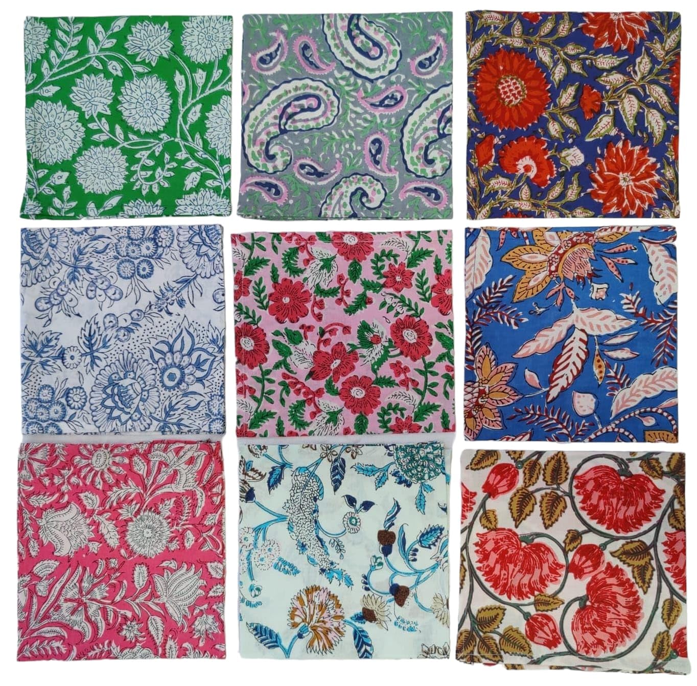 INDIANHANDICRAFTS 10 Pc Mix Lot Hand Block Print Napkin 100 percent Cotton Napkin Hand Block Printed Napkin Size 16x16 Inch Jaipuri Peinted Home Decor Napkin, Multicolor