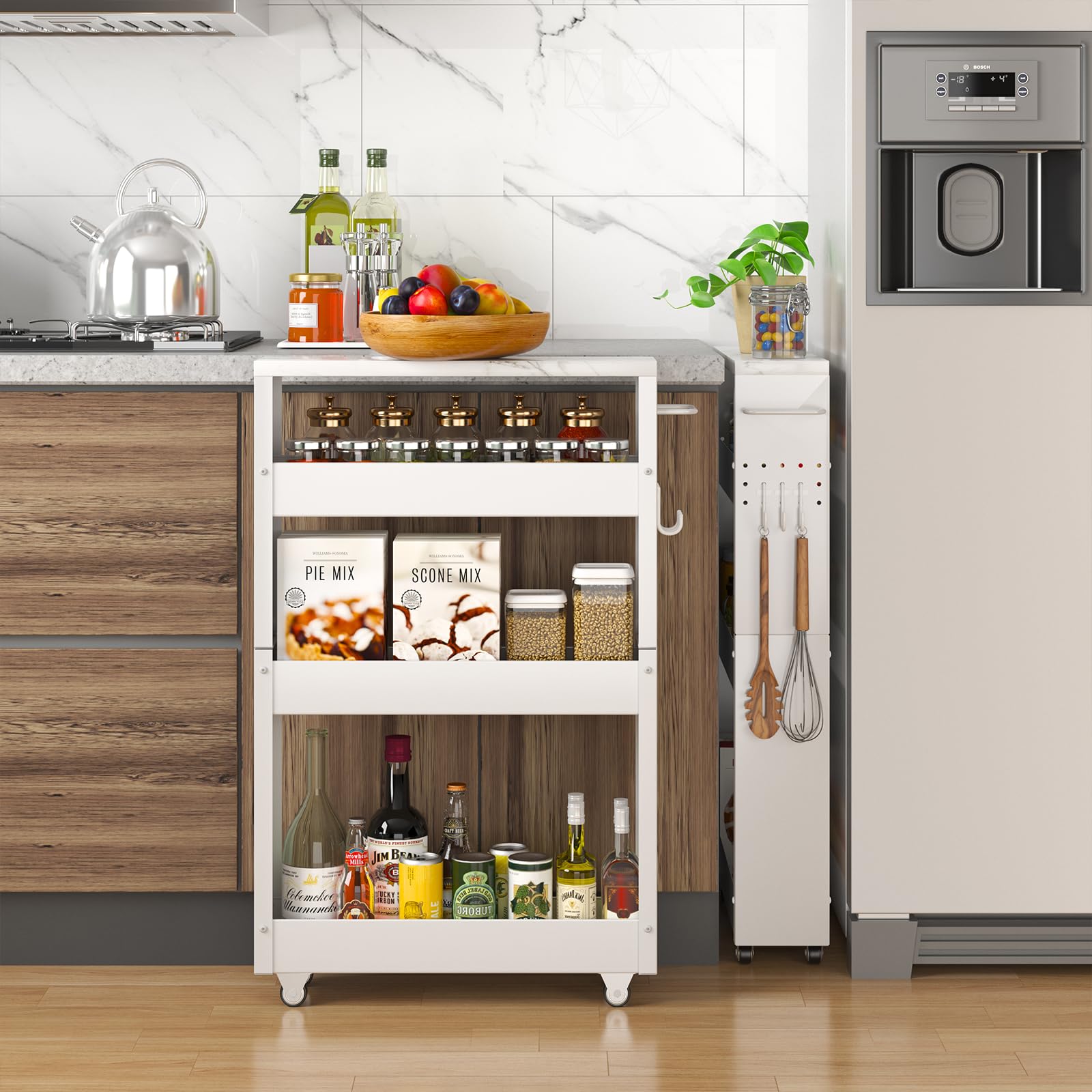 CHLORYARD Slim Storage Cart, 4-Tier Kitchen Rolling Cart Narrow Storage Cabinet with Handle & Wheels, Metal Rolling Shelf Unit for Kitchen Bathroom Laundry Small Places(5 in Width/White)