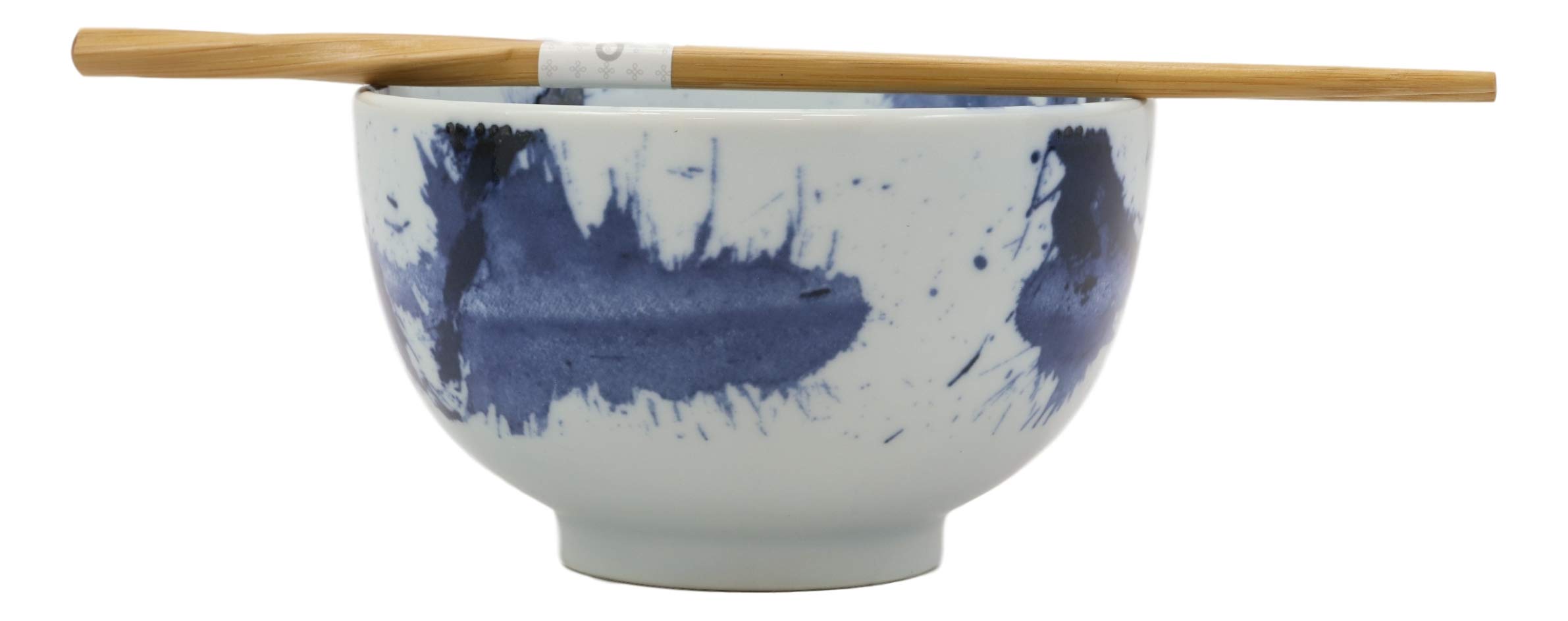 Ebros Gift Made In Japan Blue Splash Paint Abstract Art Design Porcelain Bowls With Bamboo Chopsticks Set Of 2 For Salad Ramen Pho Soup Cereal Home Kitchen Decorative Japanese Artistic Bowl