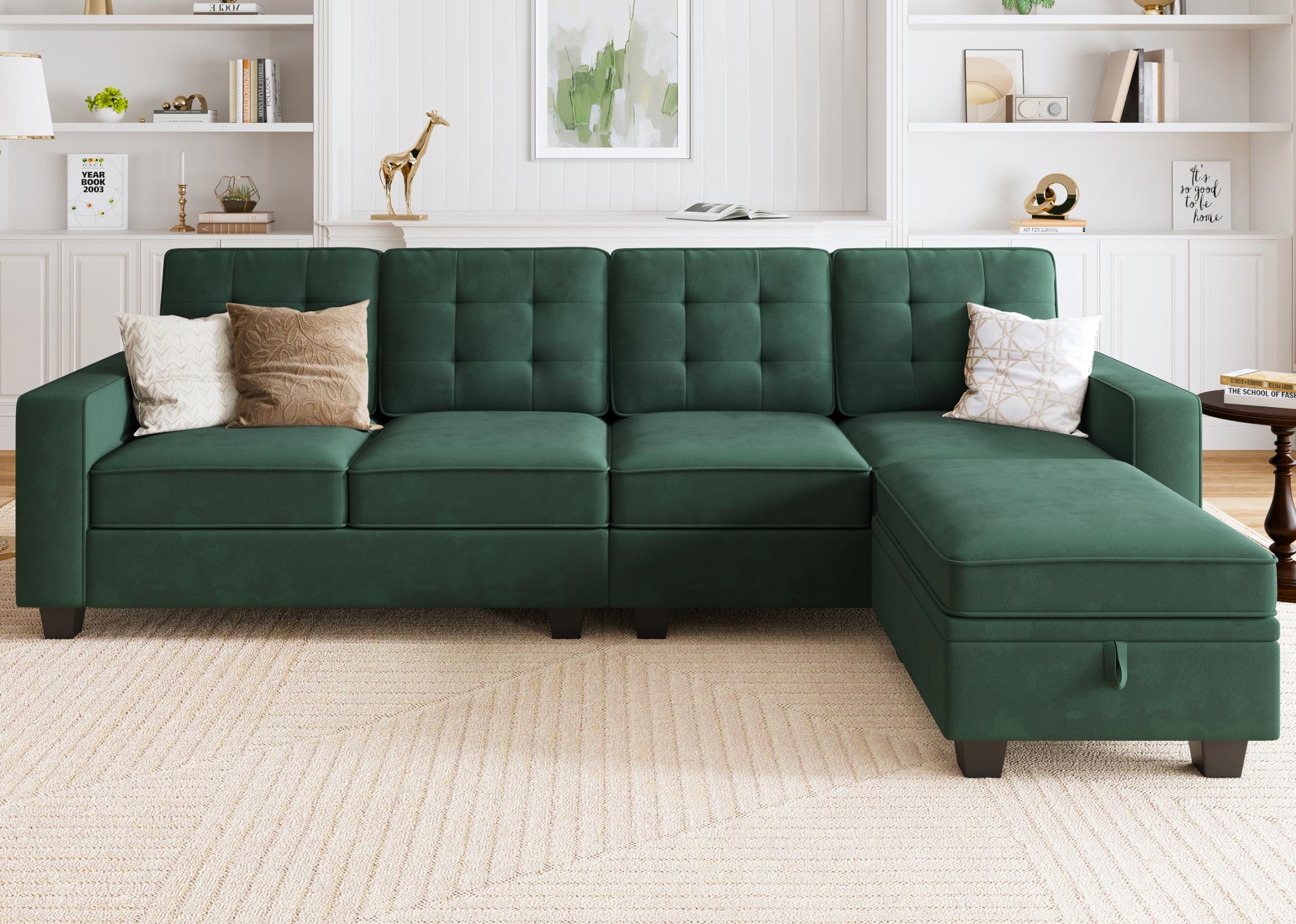 HONBAY L Shaped Sectional Couch Velvet 4-Seater Sectional Sofa with Reversible Chaise for Living Room, Green