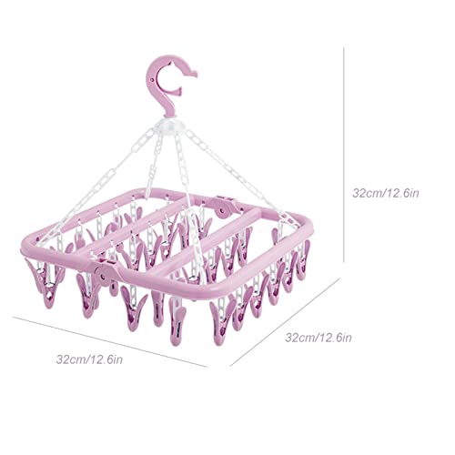 LOCKISH Foldable Laundry Hanger with 32 Clips，Sock Hanger Drying Rack,Laundry Clothespin Drying Rack for Socks Underwear Bras Scarf(Pink)