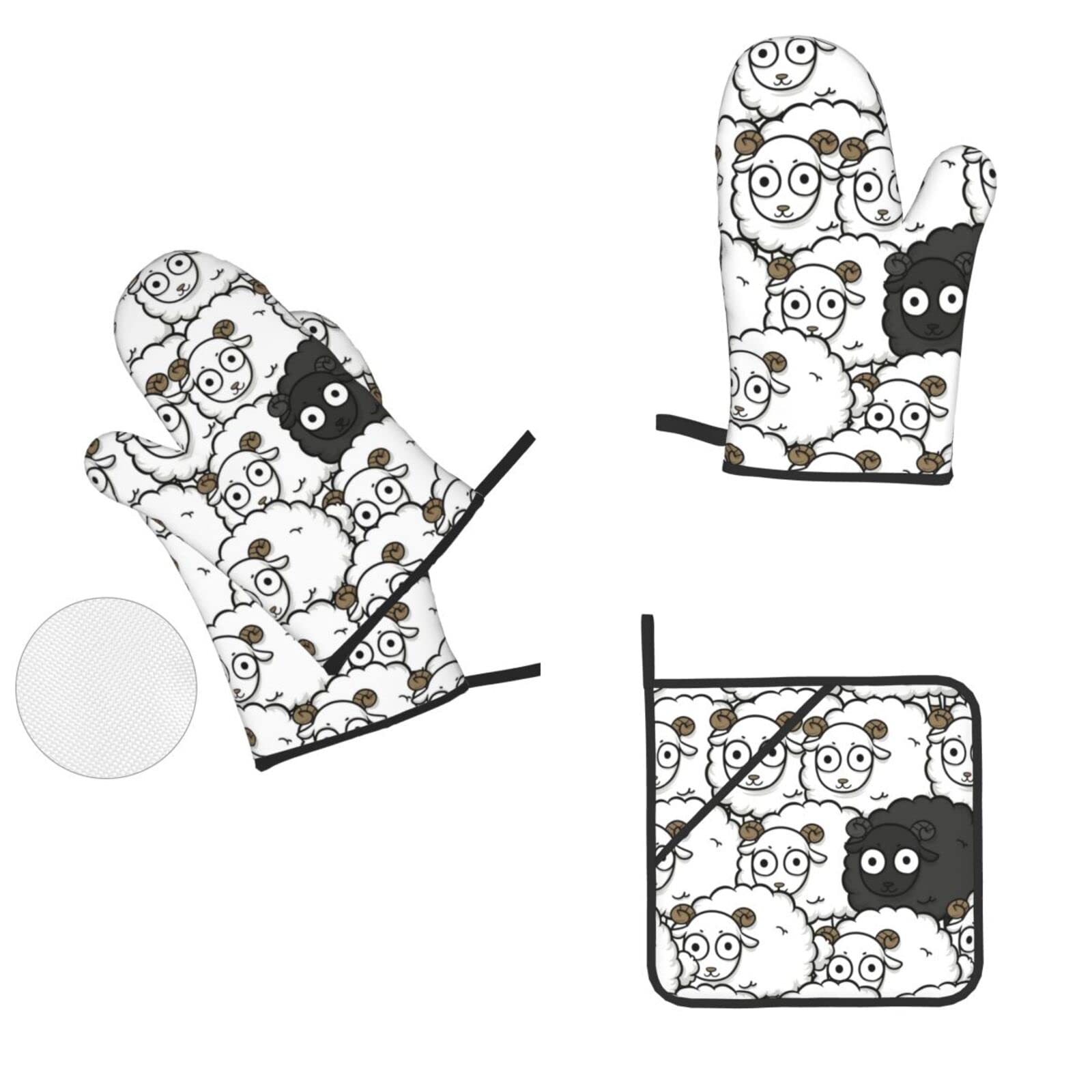 Cartoon Black White Sheep Printed Oven Mitt and Pot Holder Set, Washable Heat Resistant Oven Mitt for Kitchen Cooking Baking Grill