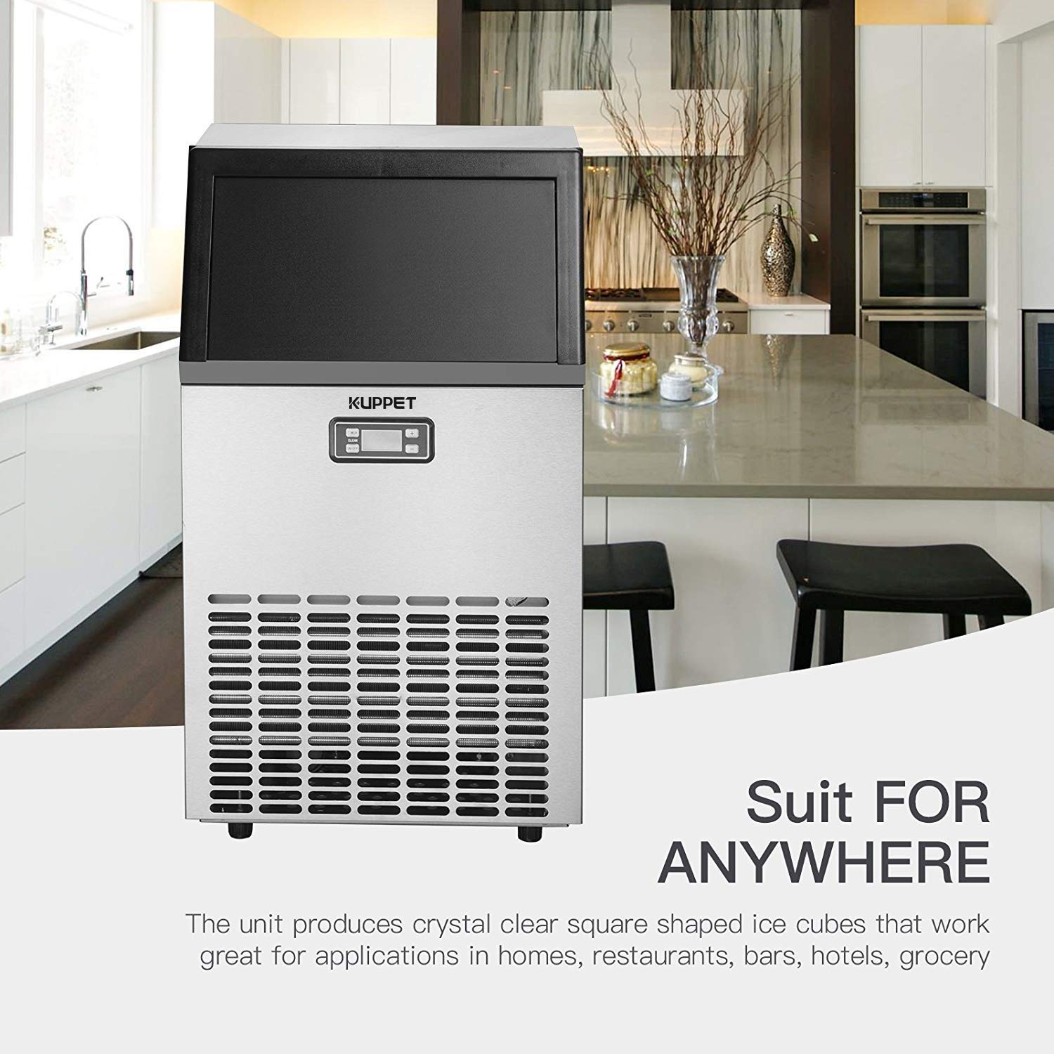 KUPPET Stainless Steel Commercial Ice Maker-Under Counter/Freestanding Automatic Ice Machine for Restaurant Bar Cafe, Products 100lbs Daily-w/Scoop, Ice Basket, Timer & Auto Clean