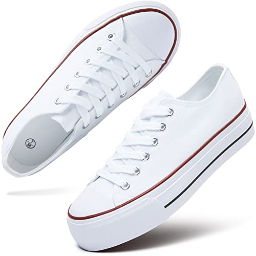 hash bubbie Womens Platform Shoes White Platform Sneakers Black Low Top Tennis Shoes Lace up Fashion Canvas Sneakers for Girls (White.US8)
