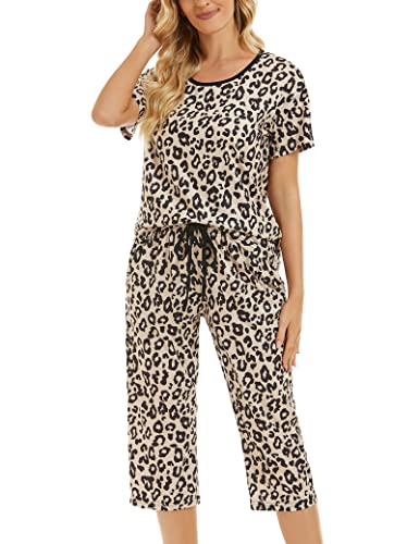 LOCUBE Women's Pajama Sets Soft Comfy Pj Set Short Sleeve Tops and Capri Pants with Pockets (#9 Leopard, Medium)