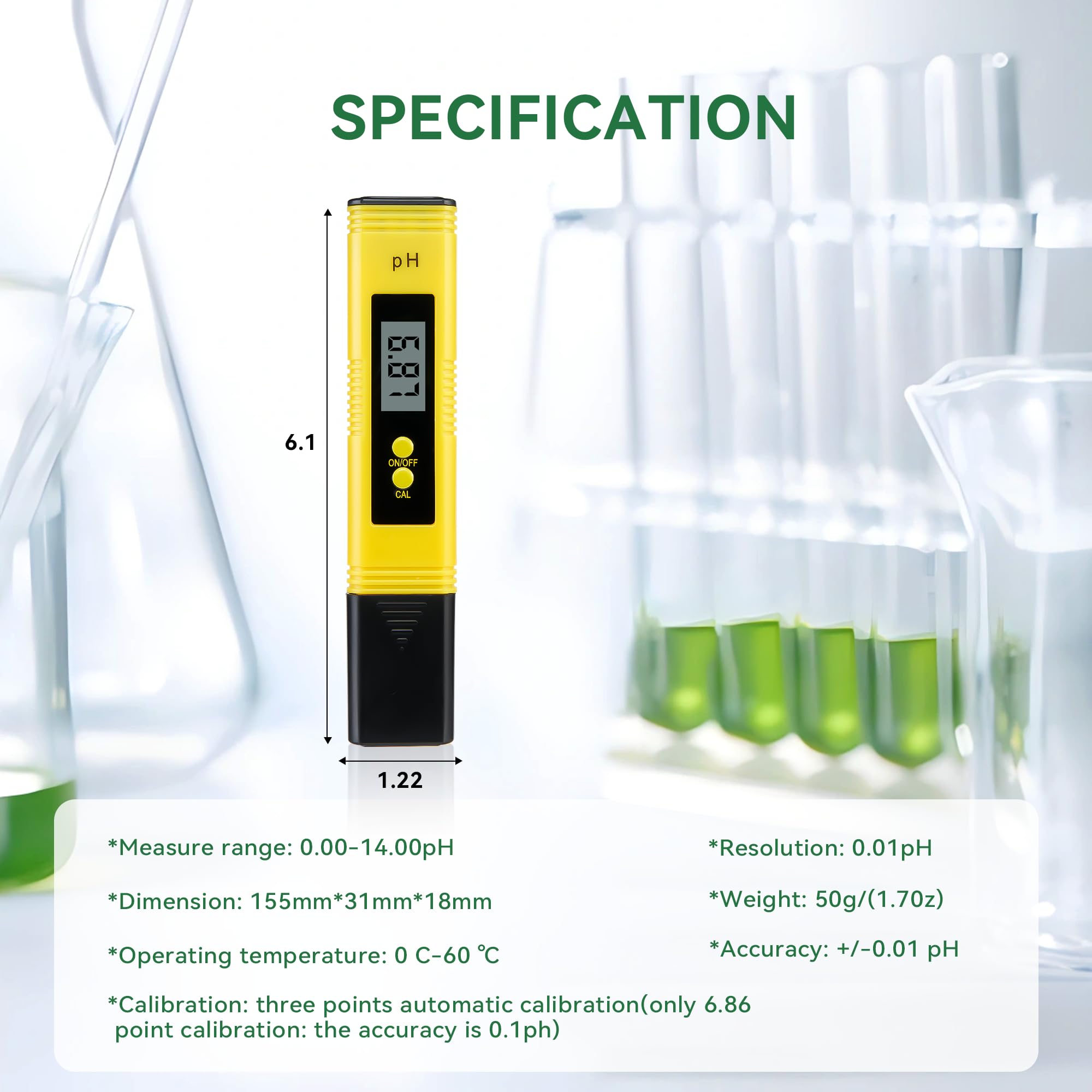 HEYAXA Digital PH Meter for Water, 0.01 PH High Accuracy Pen Type PH Tester for Household Drinking Water, Aquariums, Swimming Pools, PH Range 0-14(Yellow)