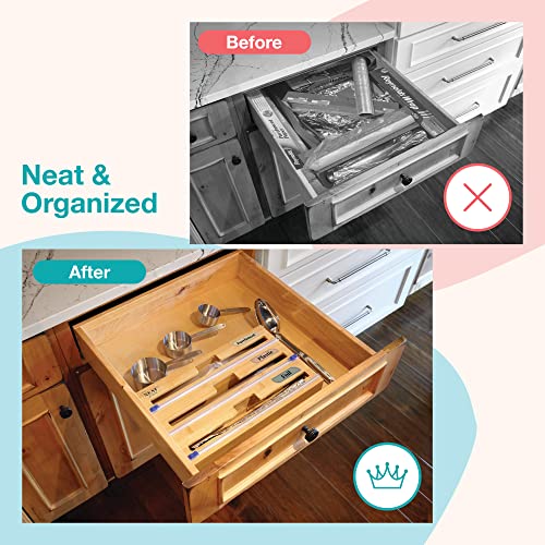 Neat Diva 12" Bamboo Foil Plastic Wrap Organizer Cutter, Plastic Wrap Dispenser Cutter, Tin Foil Organizer Drawer, Bamboo Aluminum Foil Dispenser Cutter, Kitchen Organizer Foil Plastic Wrap (3-in-1)