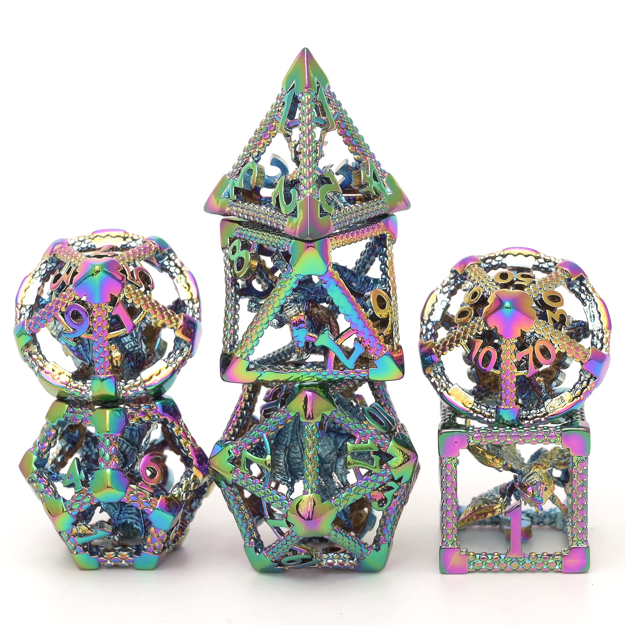 D&D Dice, Dungeons and Dragons Dice Metal DND Dice Set Polyhedral Hollow Role Playing D and D Starter Dice for RPG MTG Table Board Games Pathfinder Shadowrun Yahtzee (3D Dragon Rainbow White Number)