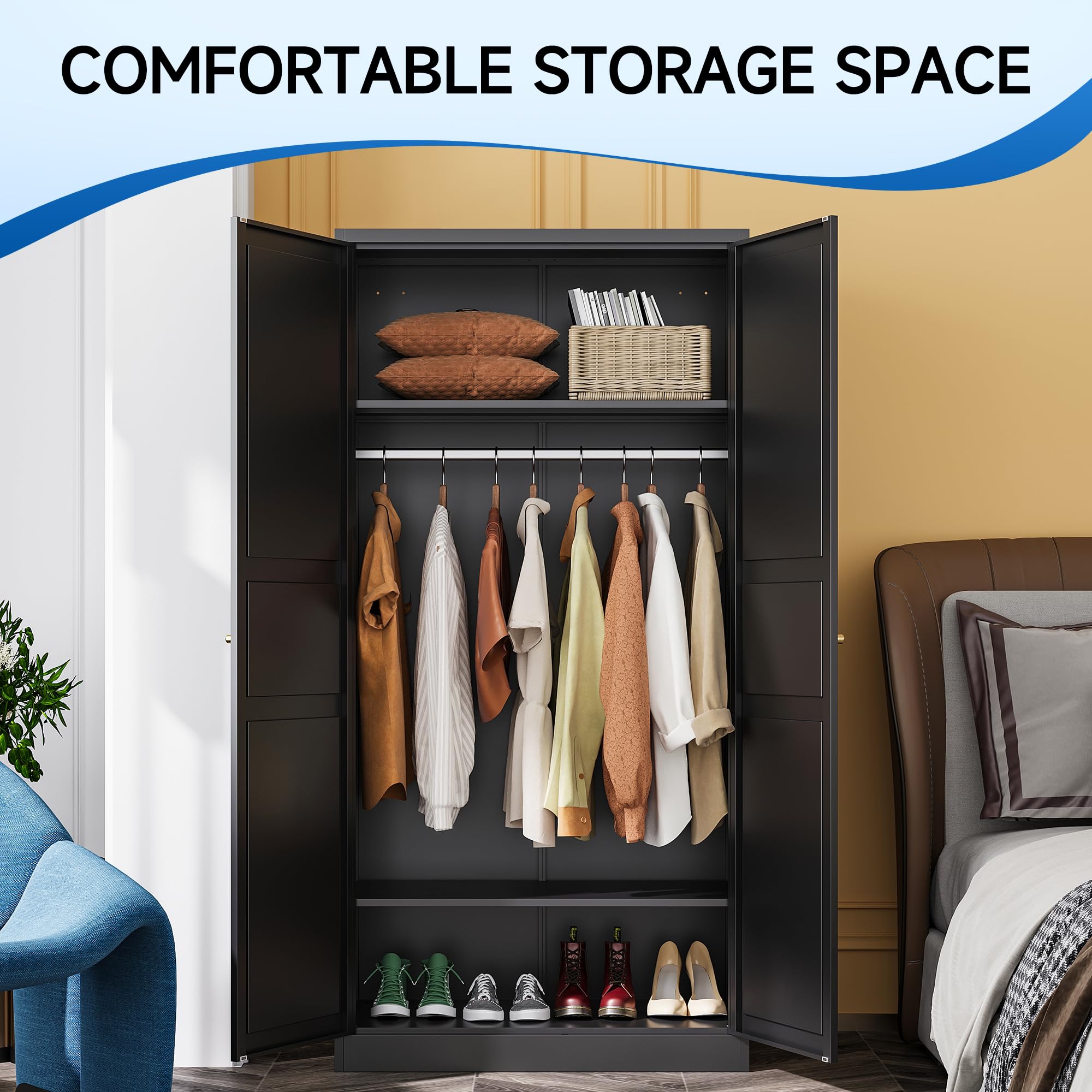 heycode Armoire Wardrobe Closet,72" Metal Clothing Storage Cabinets,with 2 Doors 2 Shelves Steel Wardrobe Storage,for Studio, Classroom, Garage, Gym Clothes Storage Organizer (Black, 72" H)