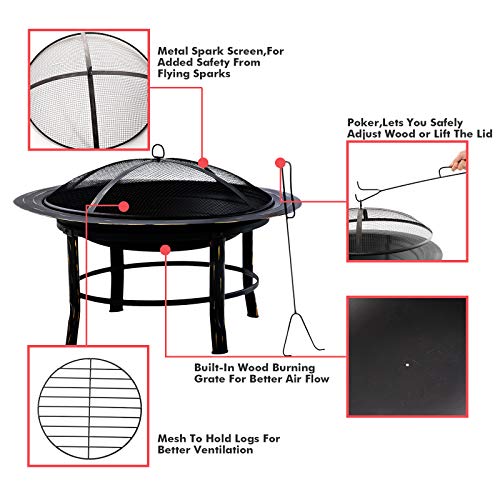 Fire Pit 28 Inch Outdoor Wood Burning BBQ Grill Firepit Bowl for Camping Picnic Bonfire Patio Backyard Garden Beaches Park with Carry Bag,Mesh Spark Screen Cover,Log Grate,Black
