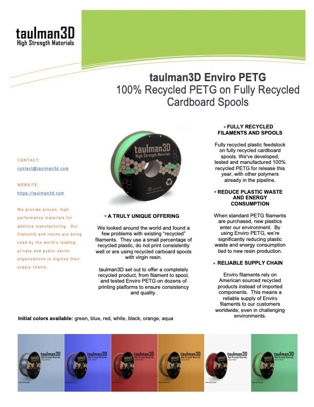 taulman3D PETG Recycled Filament 1.75mm, 3D Printer Consumables, 1kg Spool (2.2lbs), 100% Recycled Enviro PETG, Fit Most FDM Printer (White)