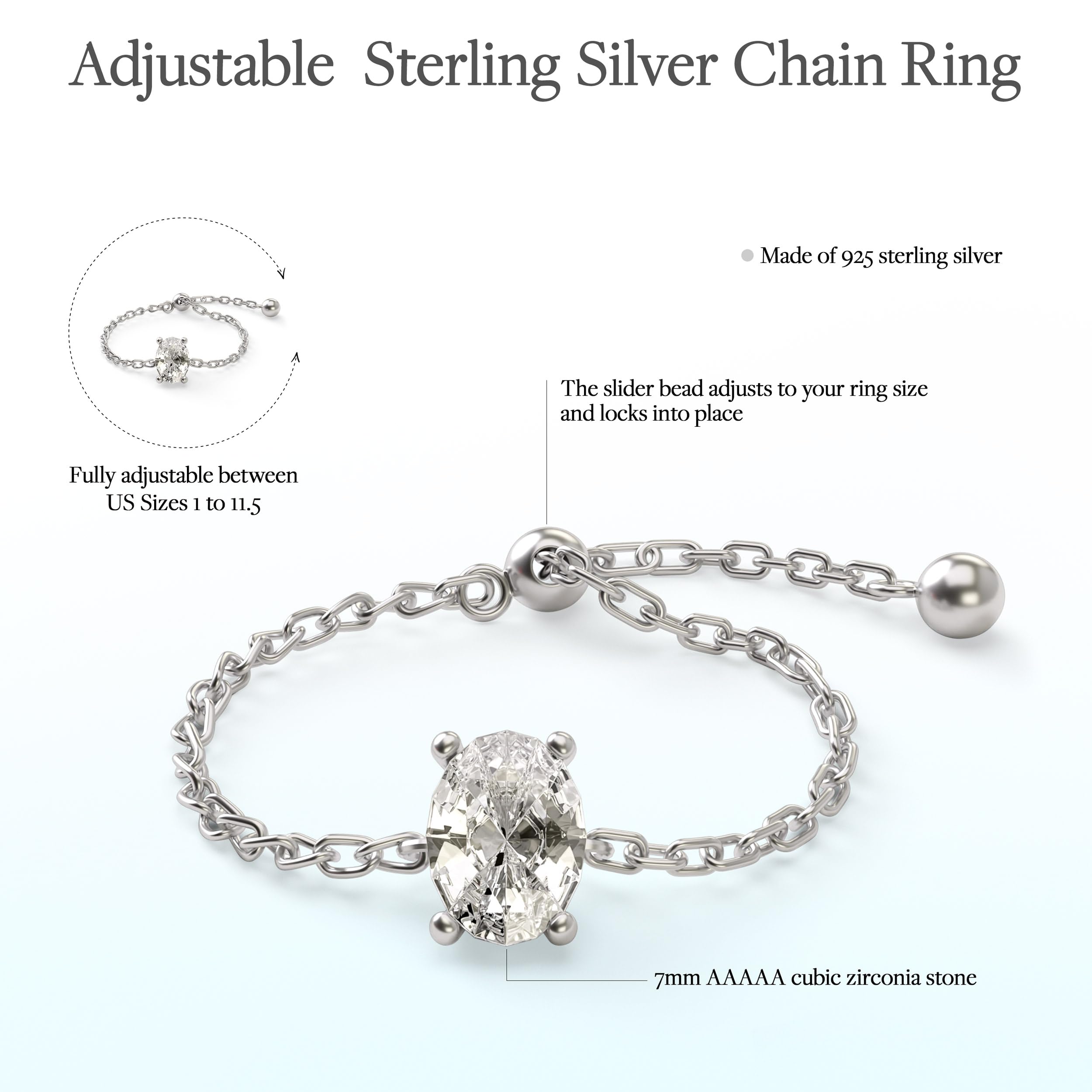 DANTE Adjustable Sterling Silver Chain Ring - Women’s Ring with Adjustable Sterling Silver Chain - Premium Stackable Rings with Chain Adorned with Luxurious Oval Cubic Zirconia - Rings for Women