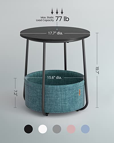 VASAGLE Small Round Side End Table, Modern Nightstand with Fabric Basket, Classic Black, Dark Turquoise