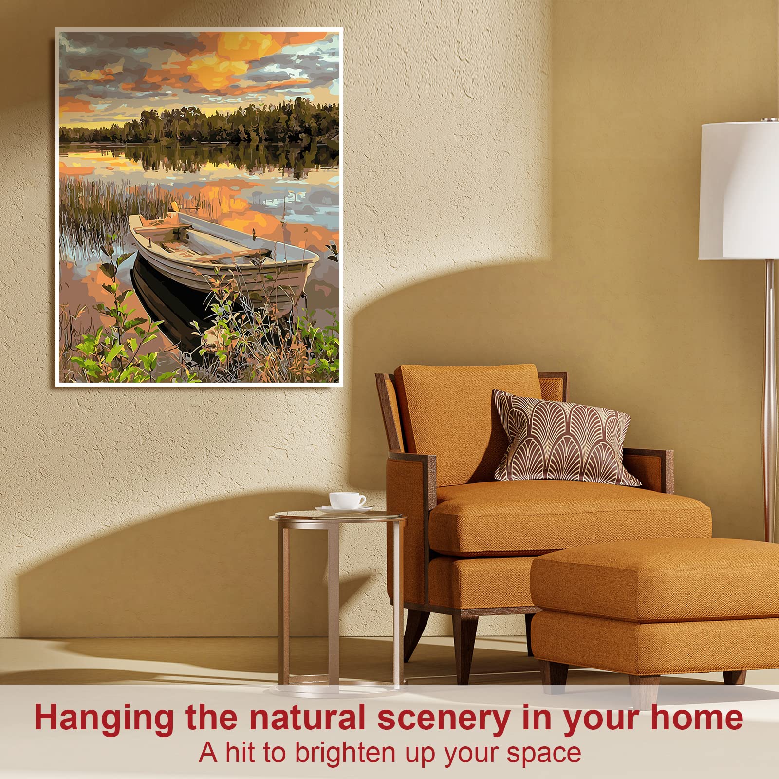 COLORWORK DIY Paint by Numbers, Canvas Oil Painting Kit for Adults, 16" W x 20" L Drawing Paintwork with Paintbrushes, Acrylic Pigment-Lakeside Boat