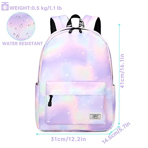 Lohol Galaxy School Backpack with Lunch Box, Lightweight BookBag Set for Girls Kids (Purple&Green)
