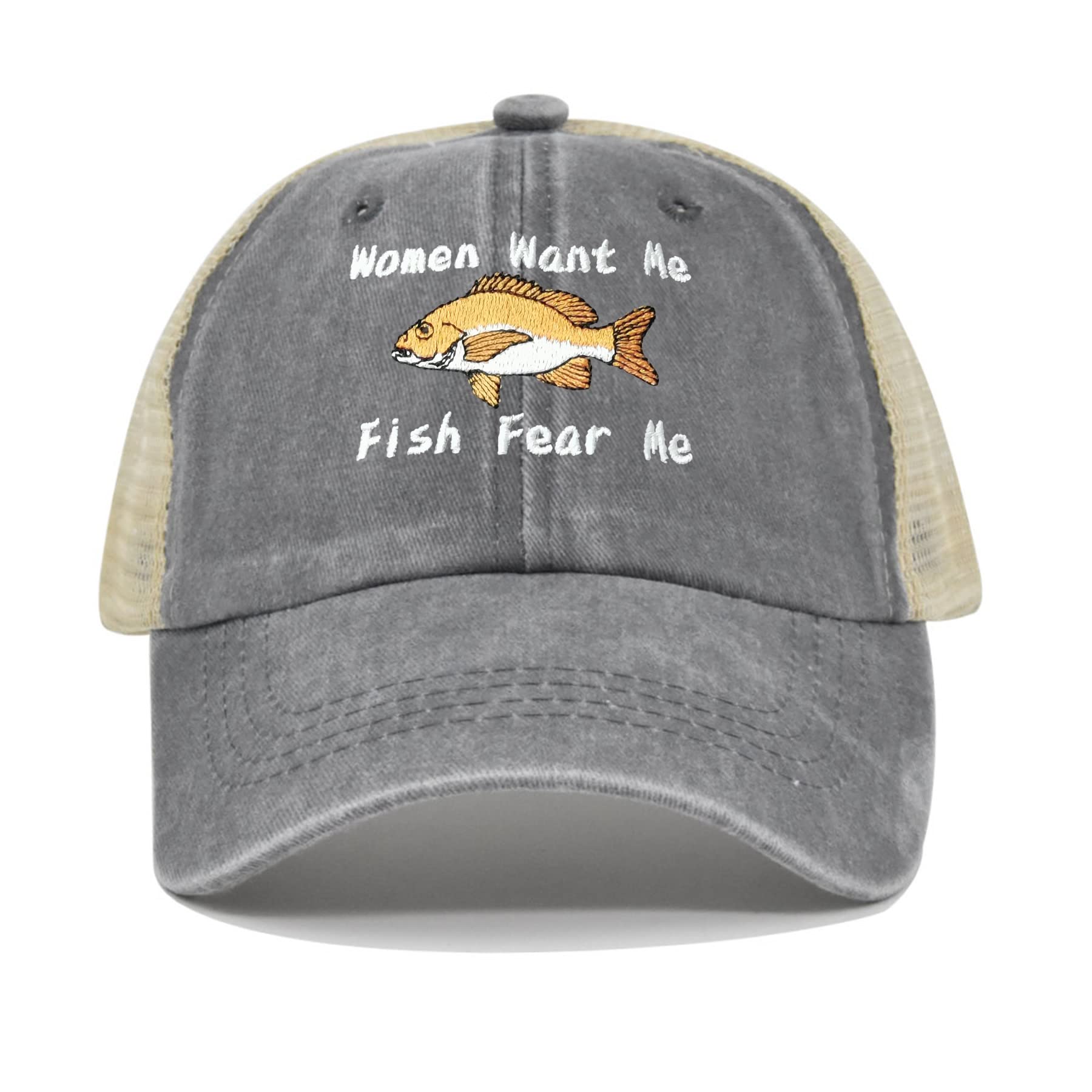 Embroidered Women Want Me Fish Fear Me Trucker Hat for Men, Grey Mesh Embroidery Baseball Cap, Outdoor Adjustable Cotton Snapback Dad Hat