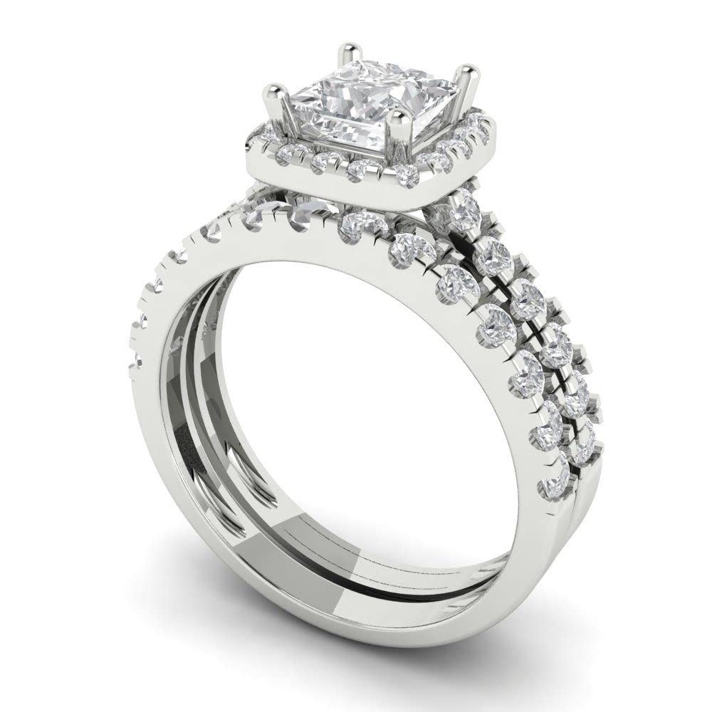 Clara Pucci 1.54 carat Princess Cut Halo Solitaire White Sapphire Bridal Wedding Anniversary Ring band set 14k White Gold 8.25