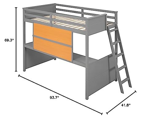 Lifeand Twin Size Loft Bed with Desk and Writing Board, Wooden Loft Bed with Desk,Gray