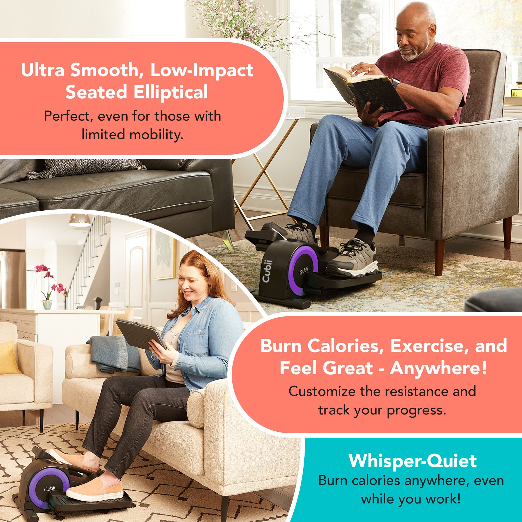 Cubii JR2, Under Desk Elliptical w/Mat Bundle, Bike Pedal Exerciser, Seated Elliptical, Work from Home Fitness, Mini Elliptical Machines for Home Use, Exerciser for Seniors, Desk Exercise, Silver