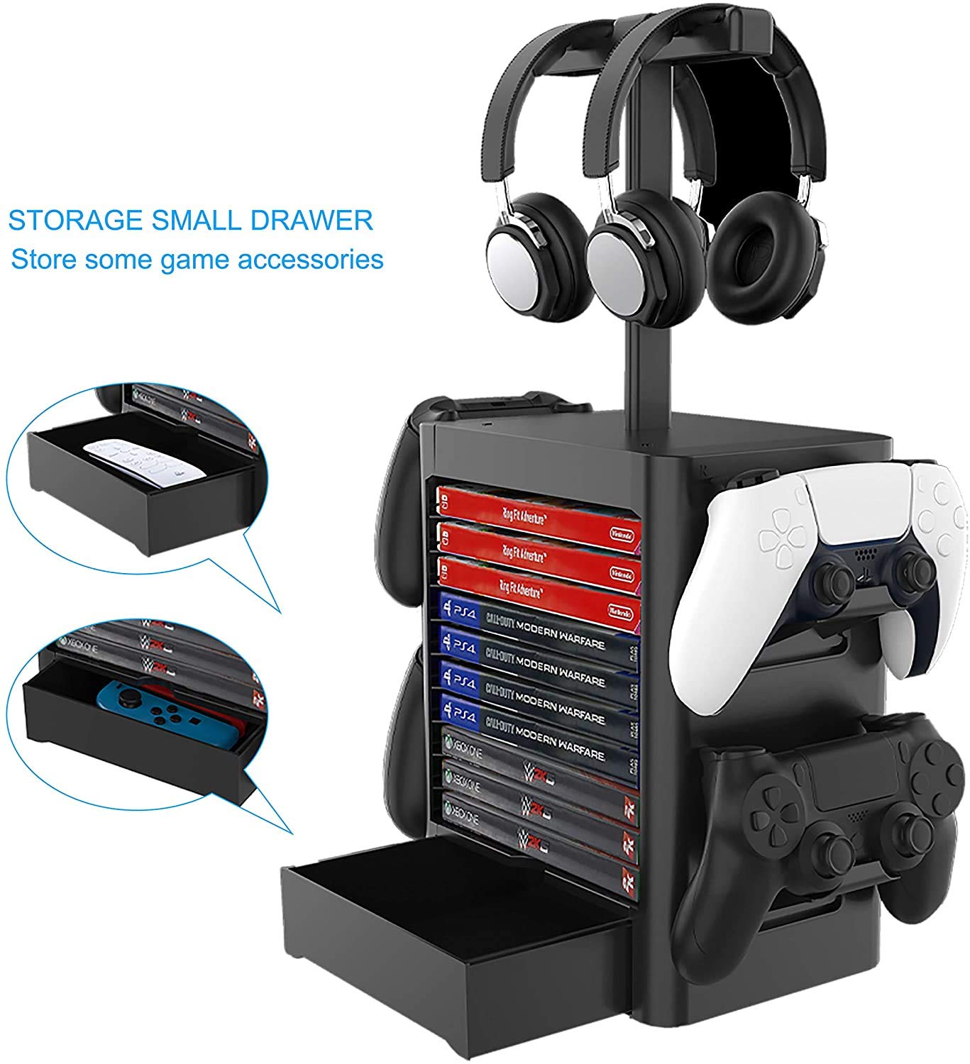 Wedorat Xbox Series X/PS5/Switch Multifunctional Game Disk Storage Tower Holder for PS5 Console, Game Disk Rack and Controller/Headset Stand Holder Compatible with Xbox Series X/Switch/PS5 Black