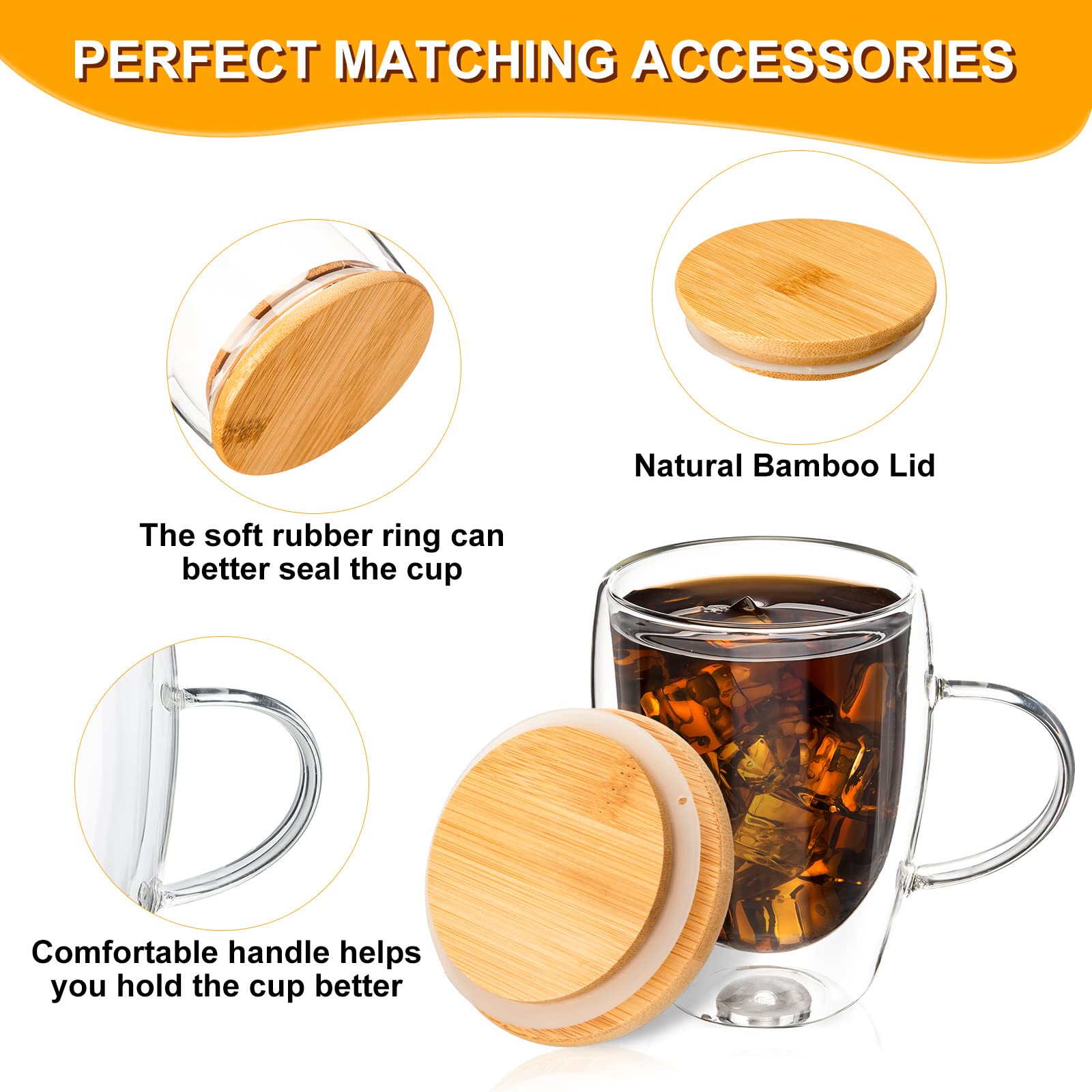 Eccliy 4 Pcs 12oz Glass Coffee Mugs with Bamboo Lids Insulated Double Walled Glass Coffee Cups Clear Tea Mug Glass Tea Cups with Handles for Hot or Iced Coffee Milk Tea Beverage Cappuccino Latte