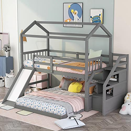 SOHUSPHOME Twin Over Full House Bunk Bed with Convertible Slide and Storage Staircase,Full-Length Guardrail, Solid Wood Platform Bed Frame, No Box Spring Needed for Kids Teens Bedroom, Grey