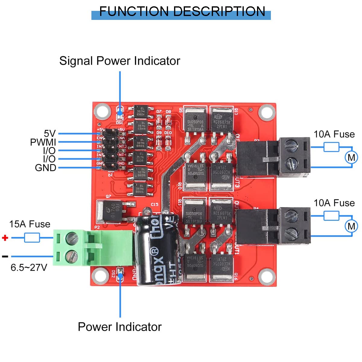DKARDU L298 Dual H Bridge Motor Speed Controller DC Motor Driver DC 6.5V-27V 7A PWM Motor Regulator Board 12V 24V 160W with Optocoupler Isolation,with Dupont Cable