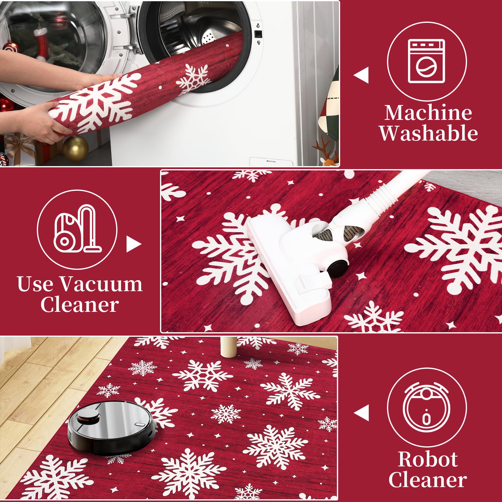GarveeHome Christmas Runner Rug 2x6 Red Hallway Rug Snowflake Xmas Runner Washable Kitchen Rug Non Slip Bathroom Rug Holiday Decor Distressed Modern Abstract Soft Carpet for Bedroom Laundry 2'x6' Red
