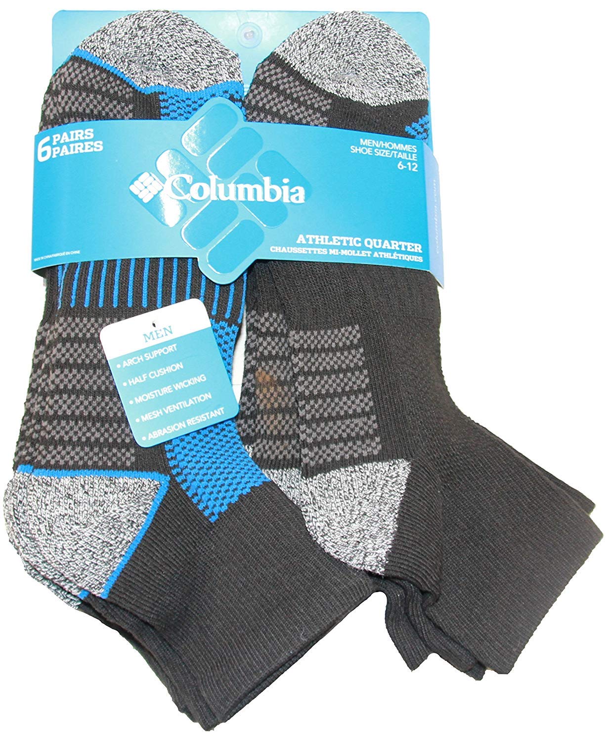 Columbia Men's 6 Pack Athletic Low Cut Socks, Black/Hyper Blue, Shoe Size 6-12