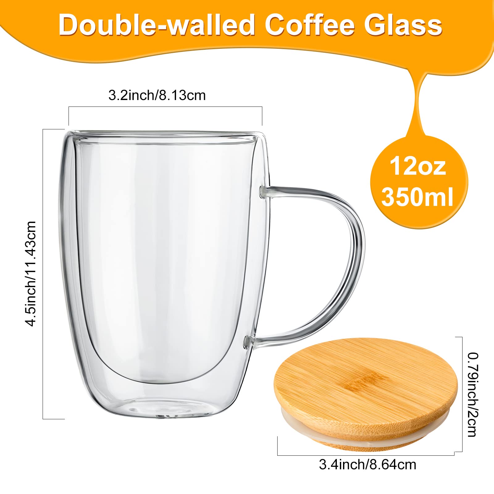 Eccliy 4 Pcs 12oz Glass Coffee Mugs with Bamboo Lids Insulated Double Walled Glass Coffee Cups Clear Tea Mug Glass Tea Cups with Handles for Hot or Iced Coffee Milk Tea Beverage Cappuccino Latte