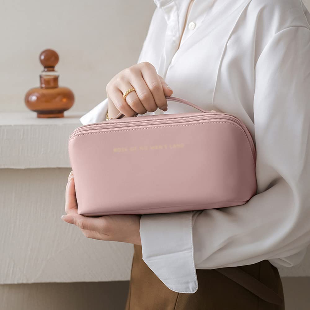 DAFUZ Makeup Bag - Large Capacity Travel Cosmetic Bag, Multifunctional Storage Leather Makeup Bag, with Handle and Divider Waterproof Travel Cosmetic Bag (Pink)