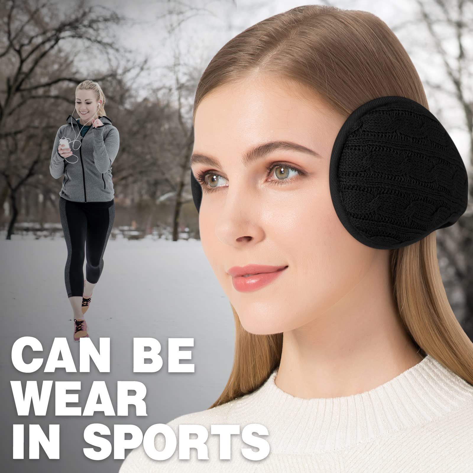 CUIMEI Knit Ear Muffs for Winter Women Men, Fleece Ear Warmer for Cold Weather, Behind the Head Adjustable Earmuffs