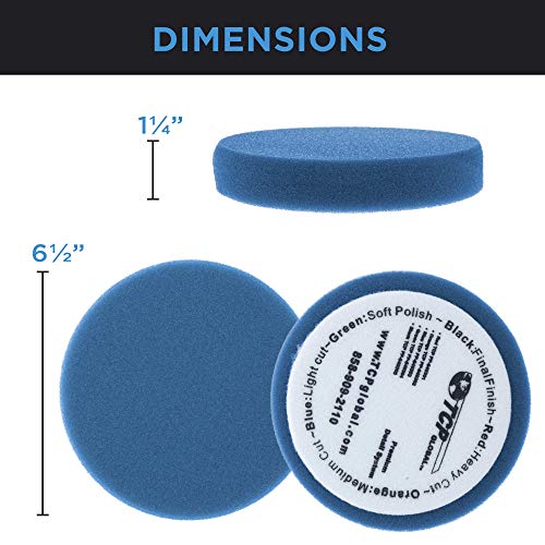 TCP Global 6.5" Blue Flat Light Cut Grip Foam Polish Buff Pad - DA Hook & Loop