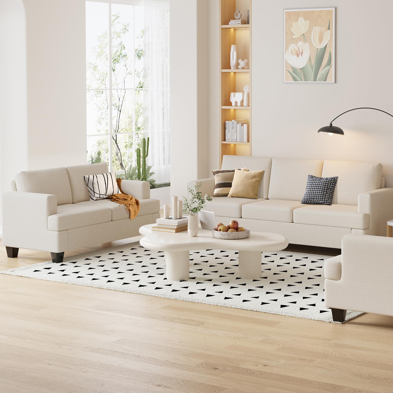 Furnimart Sectional Couches for Living Room, Modern Loveseat and 3 Seater Couch, Deep Seat Sofa Set, Beige Linen Sectional Sofa Cream Couch, Comfy Fluffy Couch with Removable Sofa Cover