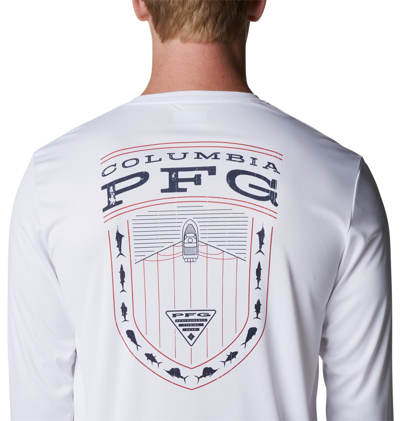 Columbia Men's Terminal Tackle PFG Americana Badge Long Sleeve, Collegiate Navy/Saltwater, X-Large