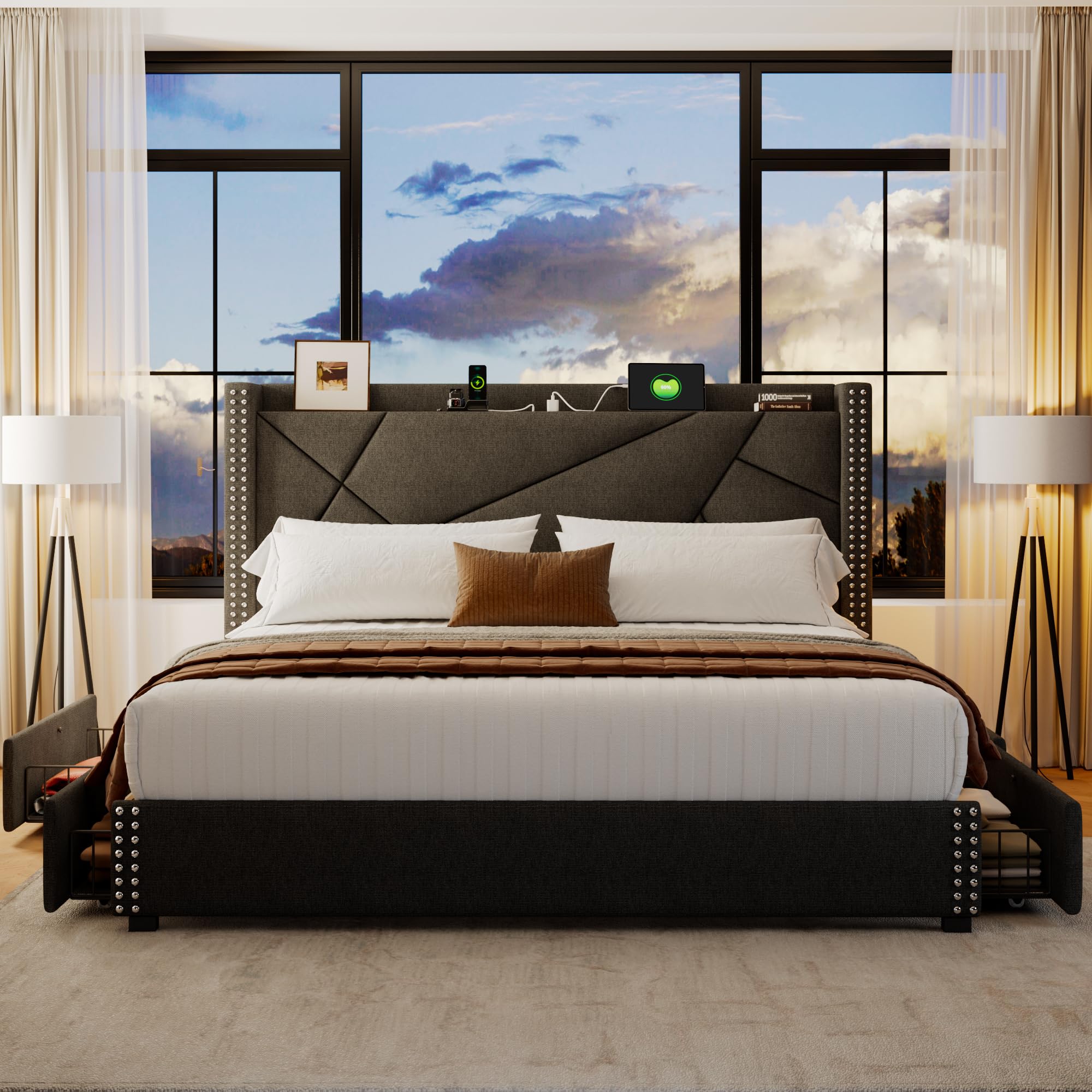 Einhomn Upholstered Queen Bed Frame with 4 Storage Drawers, Platform Bed Frame with Charging Station, Modern Geometric Wingback Headboard, No Box Spring Needed, Easy Assembly, Dark Grey