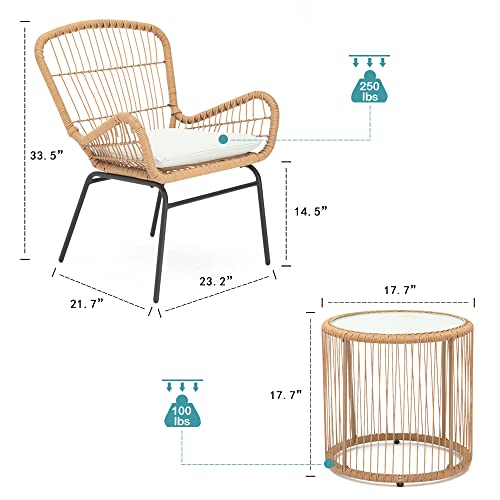 LifeSky Wicker Table Chairs Set - 3 Piece Outdoor Chairs Set - Patio Table Sets with Glass Top Table for Courtyard Garden Brown