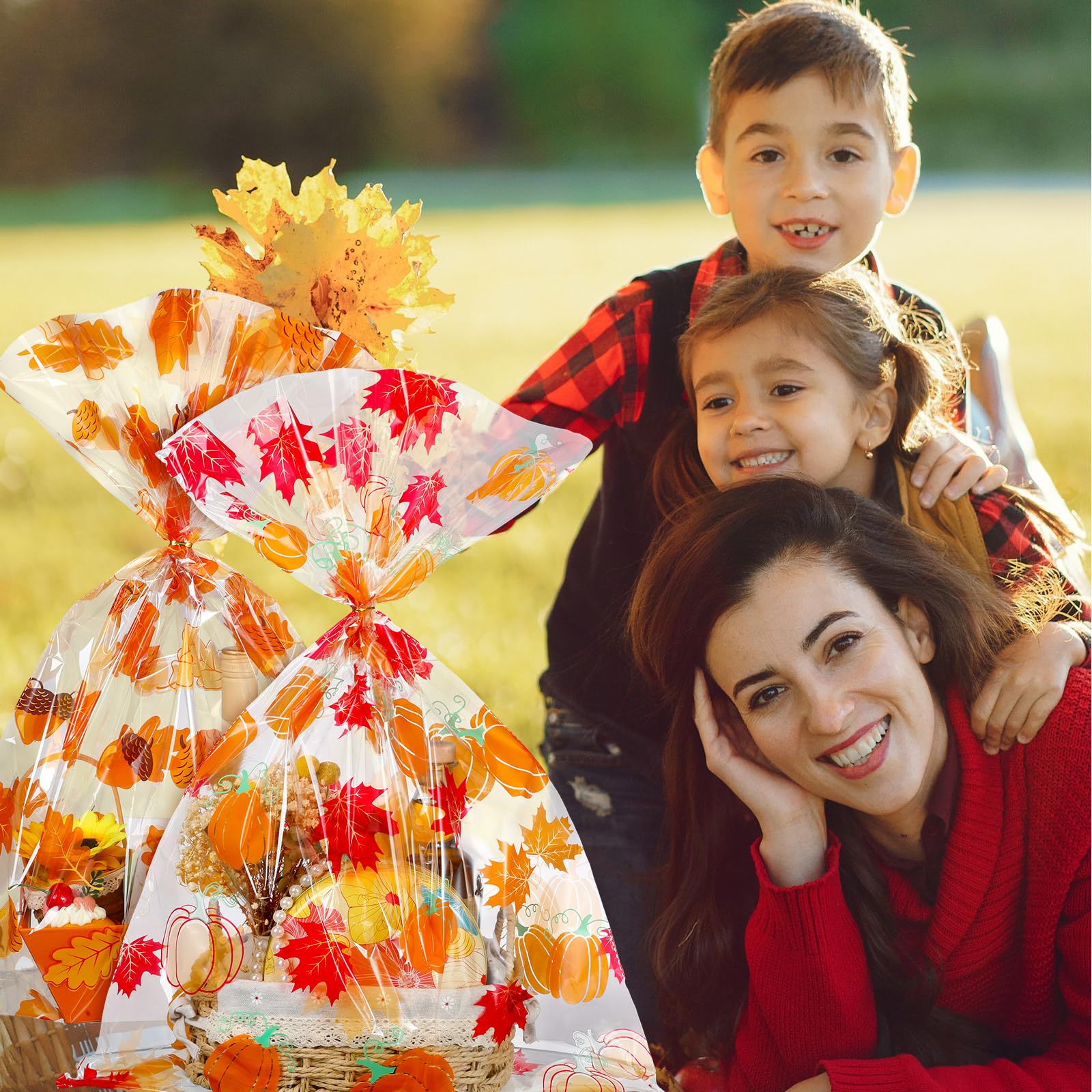 Cholemy 30 Pcs Thanksgiving Large Cellophane Gift Basket Bags 19.7" x 27.6" Fall Gift Bags Bulk Jumbo Fall Plastic Gift Wrap Bags With 100 Twist Ties Pumpkin Leaf Acorn Goody Bags for Dolls Presents